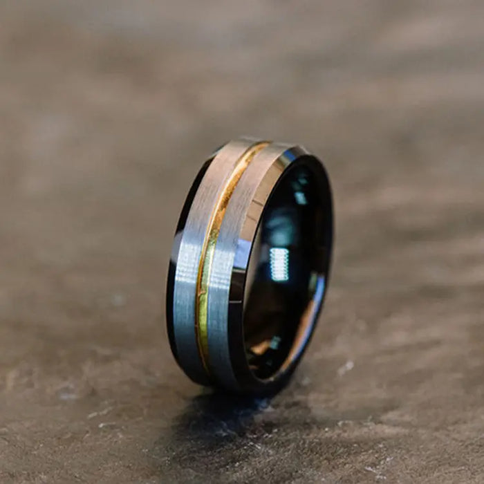 Silver Stream Gold, Silver and Black Tungsten Carbide Ring
