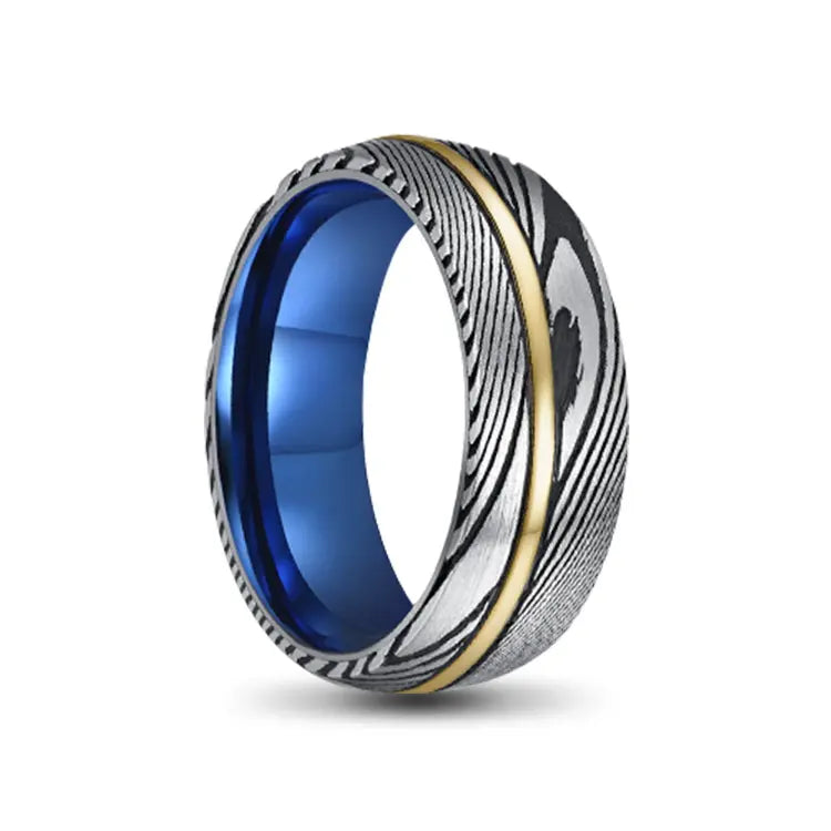 Omega Blue Tungsten Carbide and Damascus Steel Ring