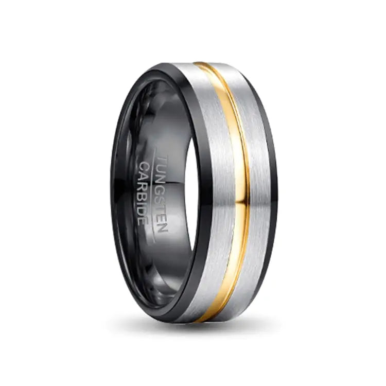 Silver Stream Gold, Silver and Black Tungsten Carbide Ring